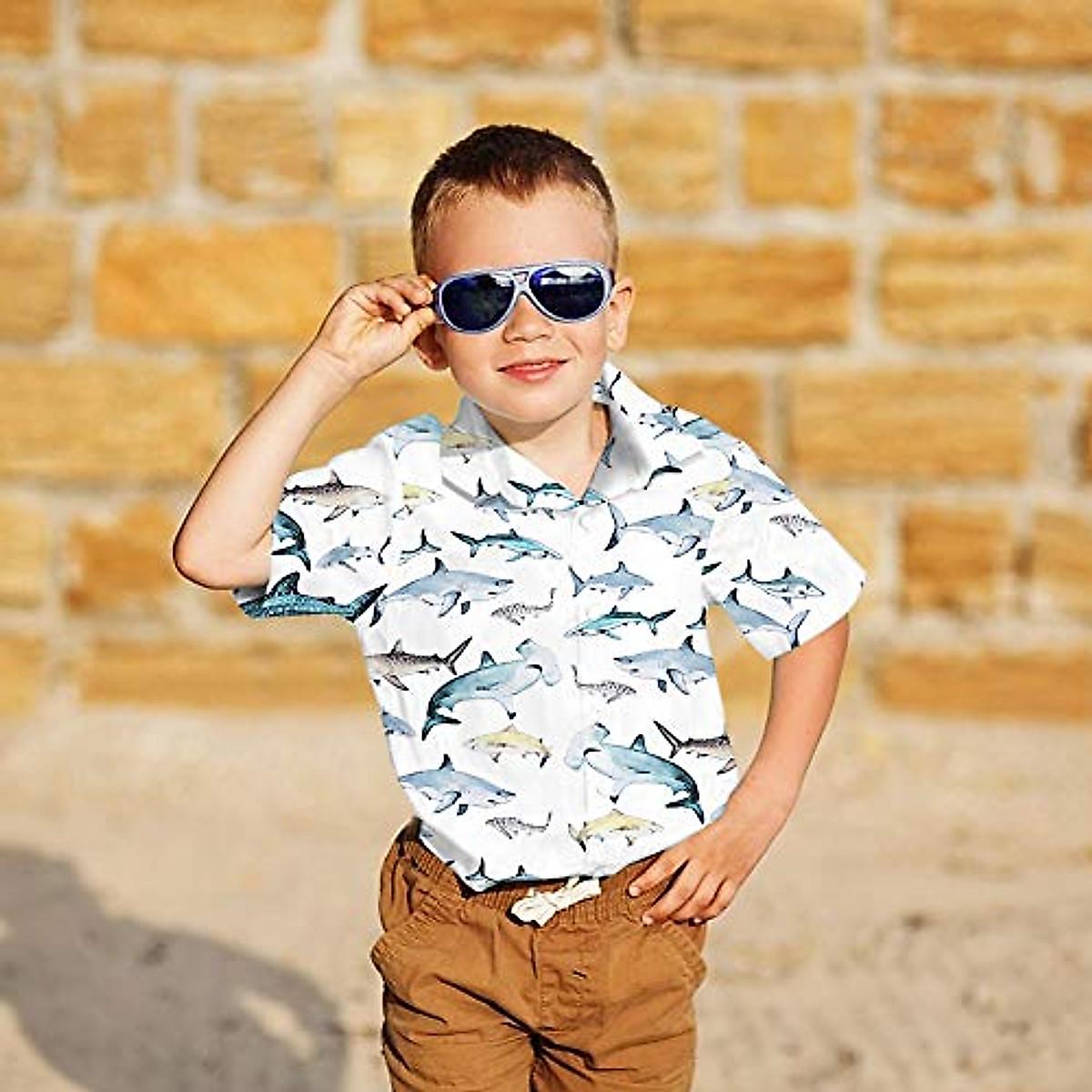 9-10 Years Old Boys Button Down Shark Shirt Short Sleeve White Blouse for Teenagers Cool Clothing Big Children School Holiday Party Tops Tee Beach T Shirt