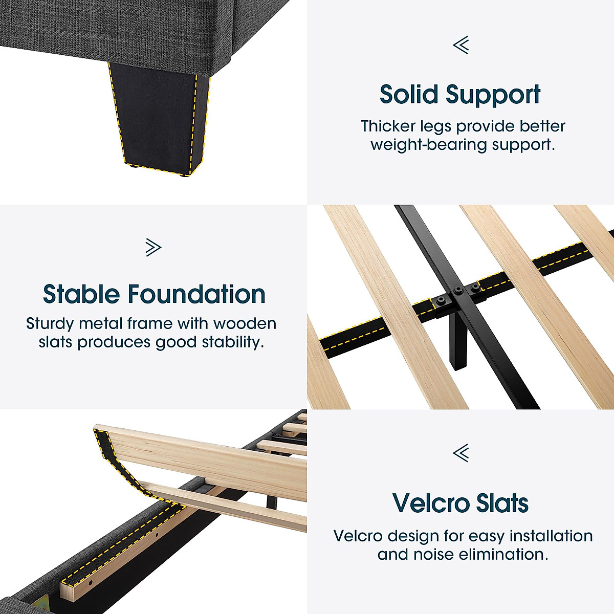 WEEWAY King Size Wingback Upholstered Platform Bed Frame with Box-tufted Stitched Headboard and Wooden Slats/No Box Spring Needed/Easy Assembly, Dark Grey