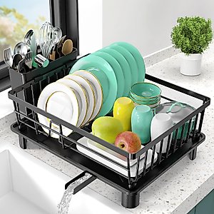 Dish Drying Rack, Space-Saving Dish Rack for Kitchen Counter, Stainless Steel Dish Rack with Cutlery Holder, Removable Dish Drainer, Drainboard and Adjustable Spout for Various Kitchenware,15x11x6.7''