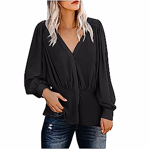 Womens Going Out Tops Empire Waist V-Neck Long Puff Sleeve Shirts Solid Color Slim fit Classic Business Casual tees