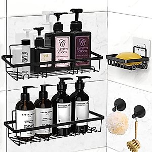 KAREEME Shower Caddy, Shower Shelf with 8 Hooks, 5-Pack Self Adhesive Bathroom Shower Organizer with 2 suction cup hooks, No Drilling Stainless Steel Rustproof Shower Shelves for Inside Shower(Black)