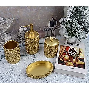 Hymmah Gold Bathroom Accessories Set,Rose Design Bathroom Set,Farmhouse Bathroom Decor,4 Pcs Resin Gift Set Apartment Necessities, Contain Cotton Swab Jar,Soap Dispenser,Soap Dish,Tumbler Gold