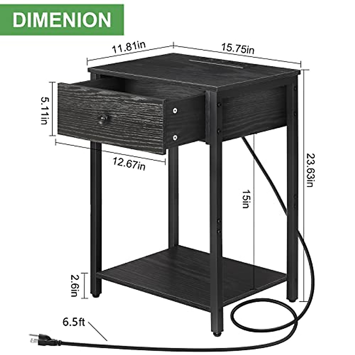 melos Nightstand with Charging Station and USB Ports, Bed Side Table/Night Stand with Drawer and Storage Shelf, 2 Tier End Table for Small Spaces, Side Tables for Bedroom, Living Room, Black