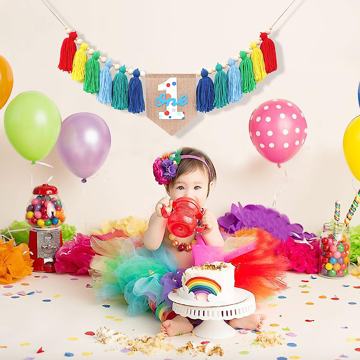 Rainbow 1st High chair Banner - Colorful Tassel Highchair Banner,1st Birthday Boyr,Cake Smash Backdrop Banner,Birthday Highchair Yarn Tassel Banner,Colorful Tassel Banner With Wooden Beads