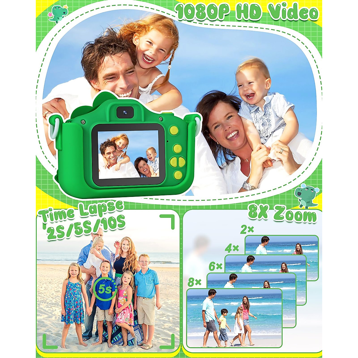 Texpot Dinosaur Kids Camera, 1080P HD Digital Camera for Kids Boys Girls 3-12 Toddler Camera, Selfie Camera for 6 7 8 9 10 11 12 Year Old Christmas Birthday Festival Gifts Toy Camera with 32GB SD Card