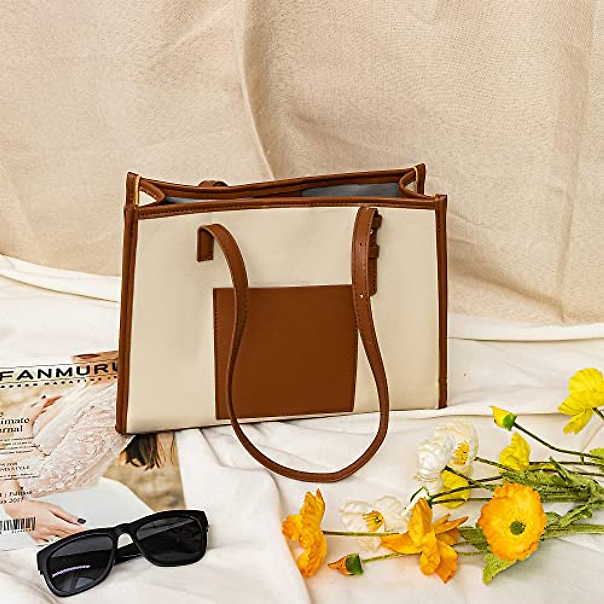 Tote Bag, PU Tote Bag for Women with Zipper Pocket Lightweight Shoulder Bag Handbag for Work, Office, School,Gym,Beach,Travel (Beige)