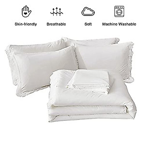 7 Pieces Bed in a Bag Comforter Set White Tassel Comforter Set Boho Fringe Comforter Tufted Soft Microfiber Bedding Sets King (1 Comforter,2 Pillowcases,2 Pillow Shams,1 Flat Sheet,1 Fitted Sheet)