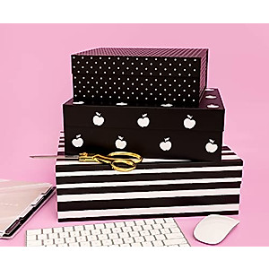 Kate Spade New York Black Decorative Storage Boxes with Lids, 3 Pack Sturdy Organizer Storage Bins, Includes Small Medium Large Pink Nesting Boxes with Magnetic Closure, Dots and Stripes