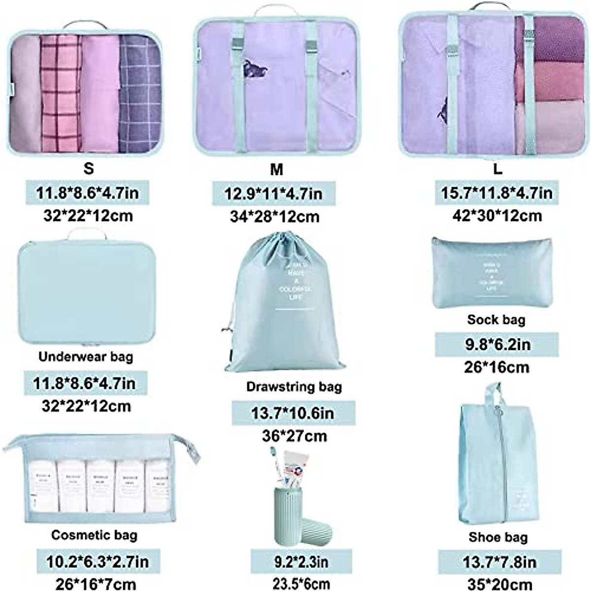 Packing Cubes - 9 PCS Travel Luggage Organizers Set Waterproof Suitcase Organizer Bags Travel Essentials Clothes Shoes Cosmetics Toiletries Storage Bags (Blue)