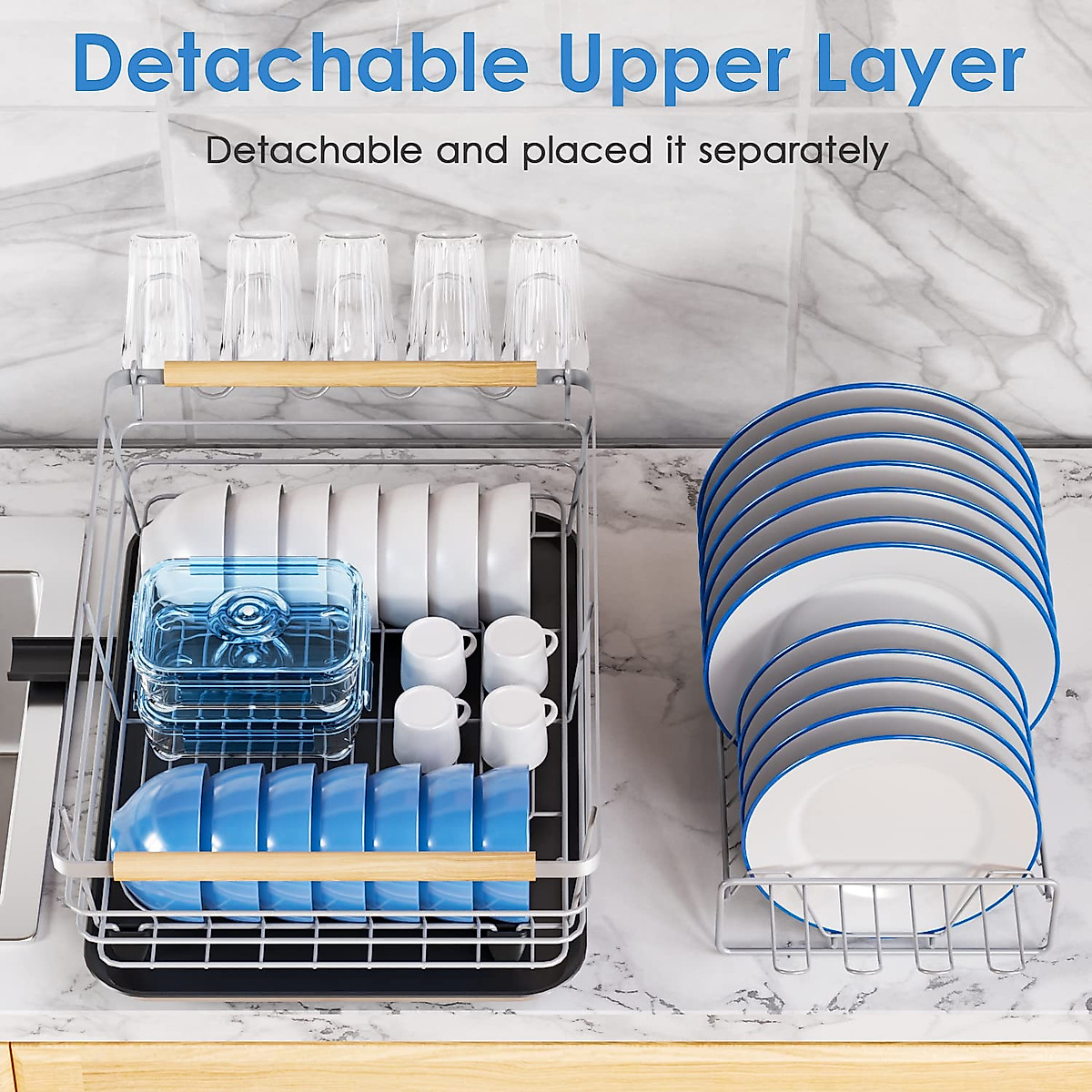 G-TING Dish Drying Rack, 2 Tier Detachable Dish Rack and Drainboard Set, Rust-Proof Drying Rack for Kitchen Counter, Large Capacity Dish Drainer with Utensils Holder and Cup Rack, Grey