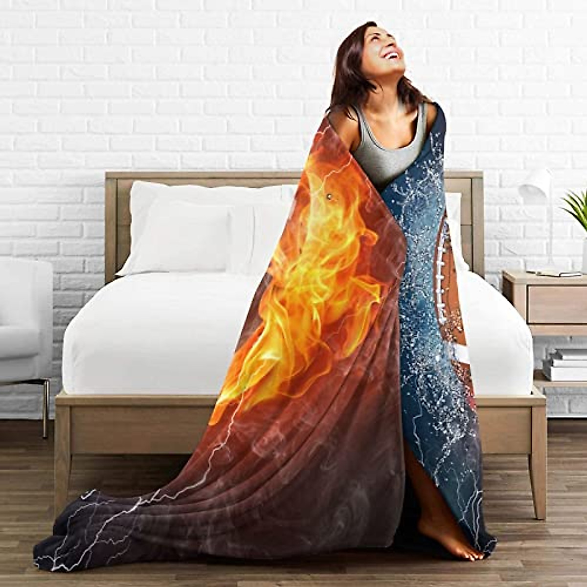 Football with Ice and Fire Blanket Flannel Fleece Throw Blanket Gifts for Bed Couch Sofa Chair 50"X40"