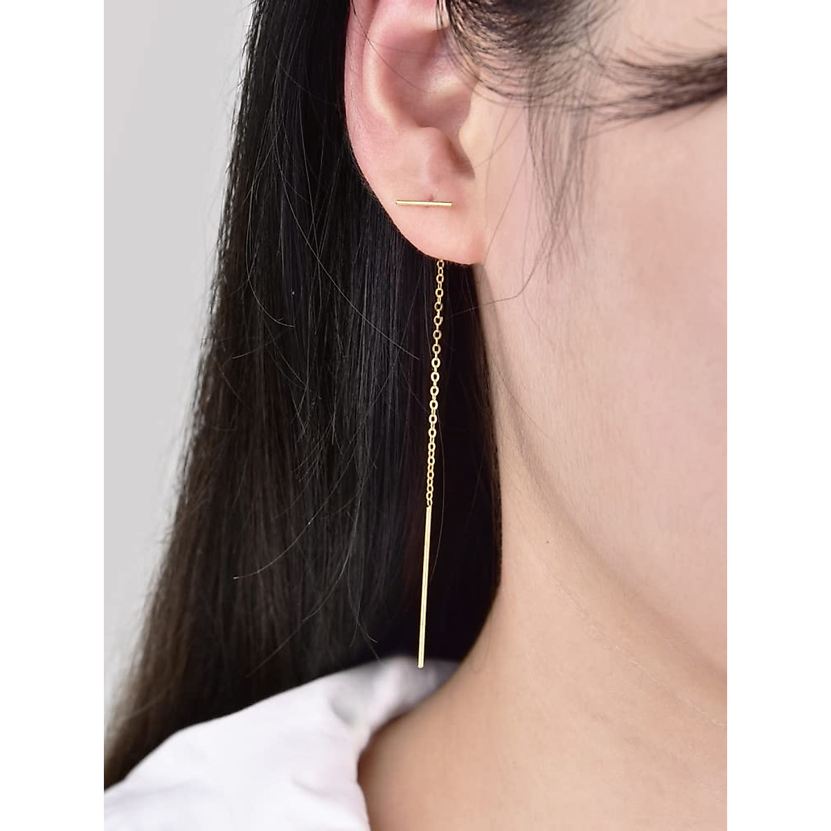 Gold Bar Threader Earrings Silver Simple Long Chain Dangling Drop Minimalist Tassel Double Piercings Pull Through Earrings