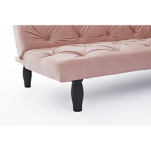 Convertible Velvet Sofa Bed Futon with Wooden Legs, Folding Sofa Bed, Loveseat Sleeper, Sofabed Suitable for Family Living Room, Apartment, Bedroom, Compact Living Spaces, Office Dorms (Pink)