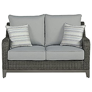 Signature Design by Ashley Outdoor Elite Park Patio Wicker Loveseat with Cushion, Gray