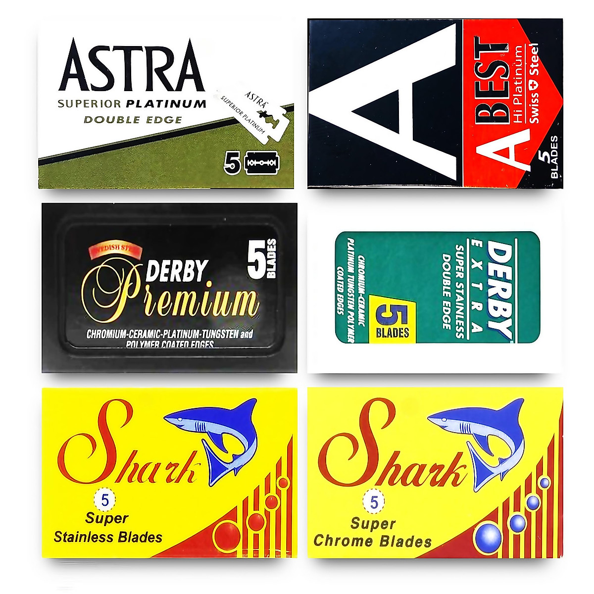 Astra-Derby-Shark 30 Quality Double Edge Razor Blades Sampler (6 different brands)
