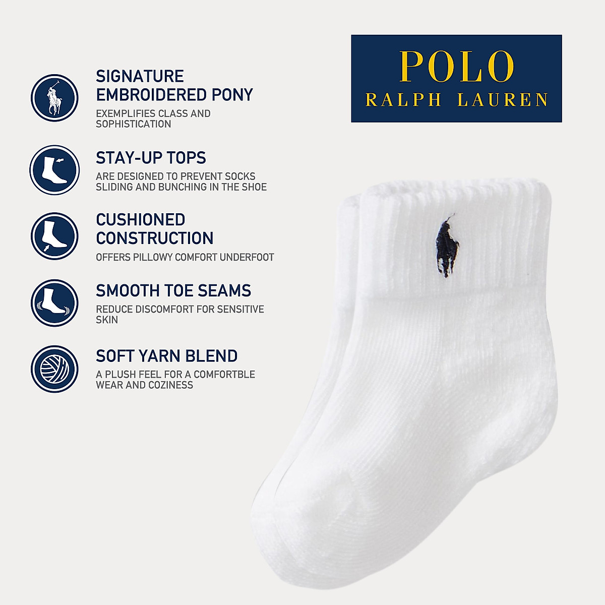 Polo Ralph Lauren Baby Boys Classic Ankle Socks 6 Pair Pack Soft Stretchy Yarn & Stay Up Top Quarter-Length Sport, White Black Pony, 18-24 Months US