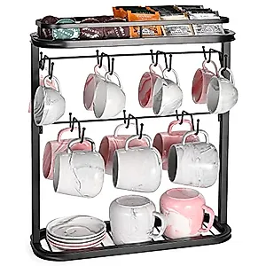 Coffee Mug Holder, 2 Tier Mug Tree Metal Double-Side Mug Holder for Holds At Least 14 Mugs, Counter Coffee Cup Holder Organizer with Storage Shelves for Coffee Mug Cups, Black(Mugs Not Include)
