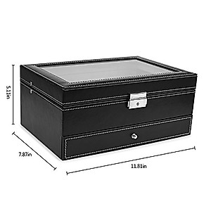 JS NOVA JUNS Watch Box, 12 Slots PU Leather Case Organizer with Jewelry Drawer for Storage and Display