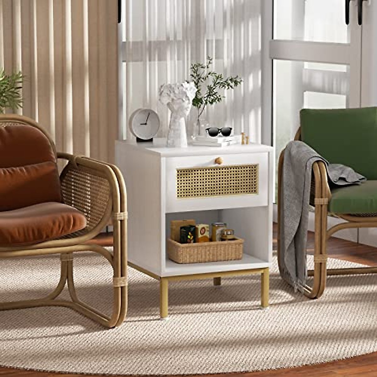 Ecoprsio Nightstands Set of 2 for Bedroom, Boho Bed Side Table with Storage Drawer, Mid-Century Modern Night Stand with Wood Finish and Rattan Drawer, End Table, Sofa Couch Side Table - White