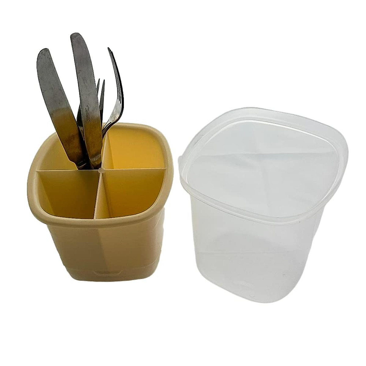 Rattan Covered Cutlery and Utensil holder, Flatware Plastic Caddy Organizer for Silverware with Cover top Perfect for Kitchen, picnic, home, BBQ, Party, Camping, Outdoor and Restaurant (BLACK)