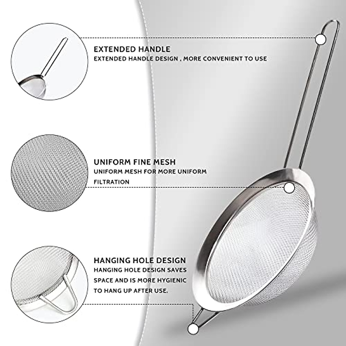 BLMHTWO 2 Pack Fine Mesh Strainer Stainless Steel Small Sieve (3.15inch) with Handle Widened Edge Kitchen Colander Infuser for Loose Tea Coffee Juice Flour Spices Baking Tea Strainer