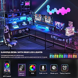 Unikito U Shaped Desk with Hutch, Reversible L Shaped Computer Desk with Power Outlets and LED Strip, Large Office Table with Monitor Stand and Storage Shelves, 83 Inch U Shape Gaming Desk, Black