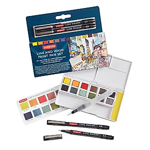 Derwent Line & Wash Paint Set, Professional Quality, Fine Line Pens, Inktense Colors, Art Supplies for Adults, Portable, Travel Set Includes 12 Paint Pans, 2 Line Makers, Mixing Palettes, Sponge