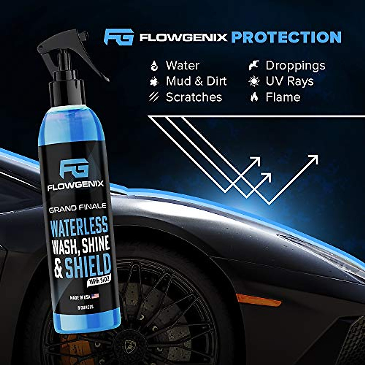 Flowgenix™ Waterless Car Wash Spray - Grand Finale - Motorcycle Cleaner & Car Wax Polish (8 oz) - Ceramic Coating - Incl. 2 Microfiber Towels - Best Cleaner & Quick Detailer to Make Your Vehicle Shine