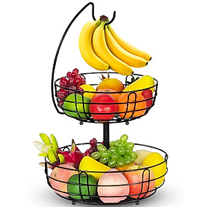 Bextcok 2 Tier Fruit Basket, Vegetables Fruit Bowl Storage with Banana Holder Hanger Hook Stand Organizer for Kitchen Countertop Counter, Black