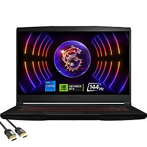 MSI GF63 Thin Gaming Laptop, 15.6" FHD IPS 144Hz, 12th Gen Intel 10-Core i7-12650H, Geforce RTX 4050, 16GB DDR4, 512GB PCIe SSD, Backlit, RJ45, USB-C, WiFi 6, Win 11, Free HDMI 2.1 Cable
