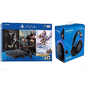 PlayStation 4 Slim 1TB Console + HyperX Cloud Licensed Gaming Noise Cancelling Headset Headphones + 3 Games (God of War, The Last of US, Horizon Zero Dawn) Bundle