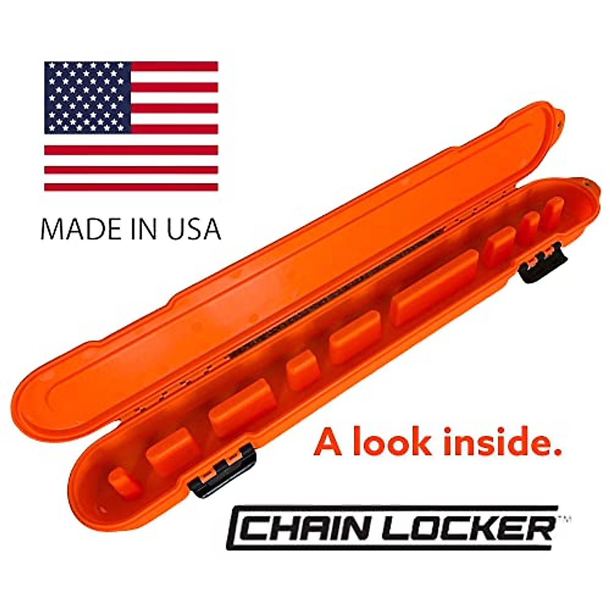 Chain Locker Original Chainsaw Chain Storage Case Orange Organization Box Universal for 6”, 8”, 10”, 12”, 14”, 16”, 18” and 20” Blade Chains Made in USA