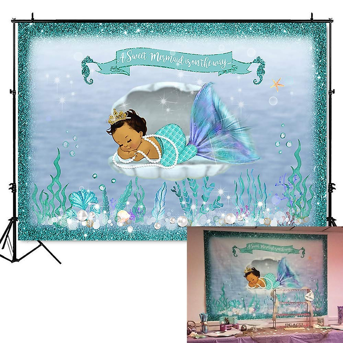 Mocsicka Mermaid Baby Shower Backdrop Under Sea Mermaid Photography Background 7x5ft Vinyl Little Mermaid Baby Shower Party Banner Backdrops