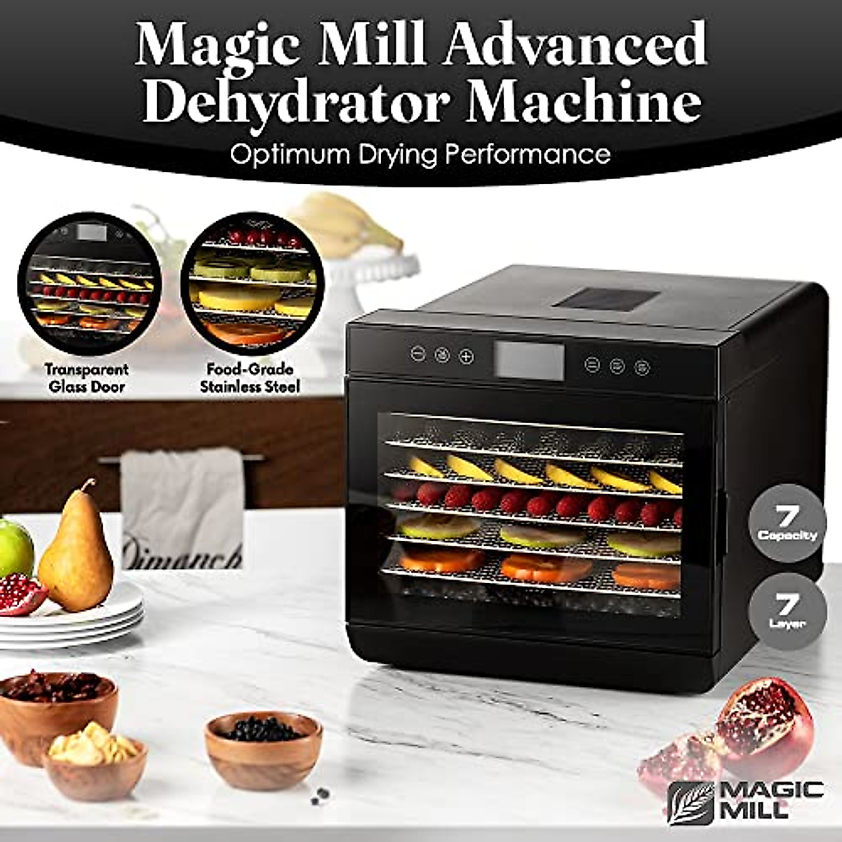 Magic Mill Food Dehydrator Machine - Easy Setup, Digital Adjustable Timer, Temperature Control | Keep Warm Function | Dryer for Jerky, Herb, Meat, Beef, Fruit and To Dry Vegetables | Over Heat Protection | 7 Stainless Steel trays
