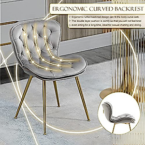 KINFFICT Modern Velvet Dining Chairs Set of 2, Upholstered Kitchen Chair, Mid Century Dinner Chair with Golden Metal Ring, Comfy Accent Chair for Dining Room, Living Room, Vanity Room, Grey