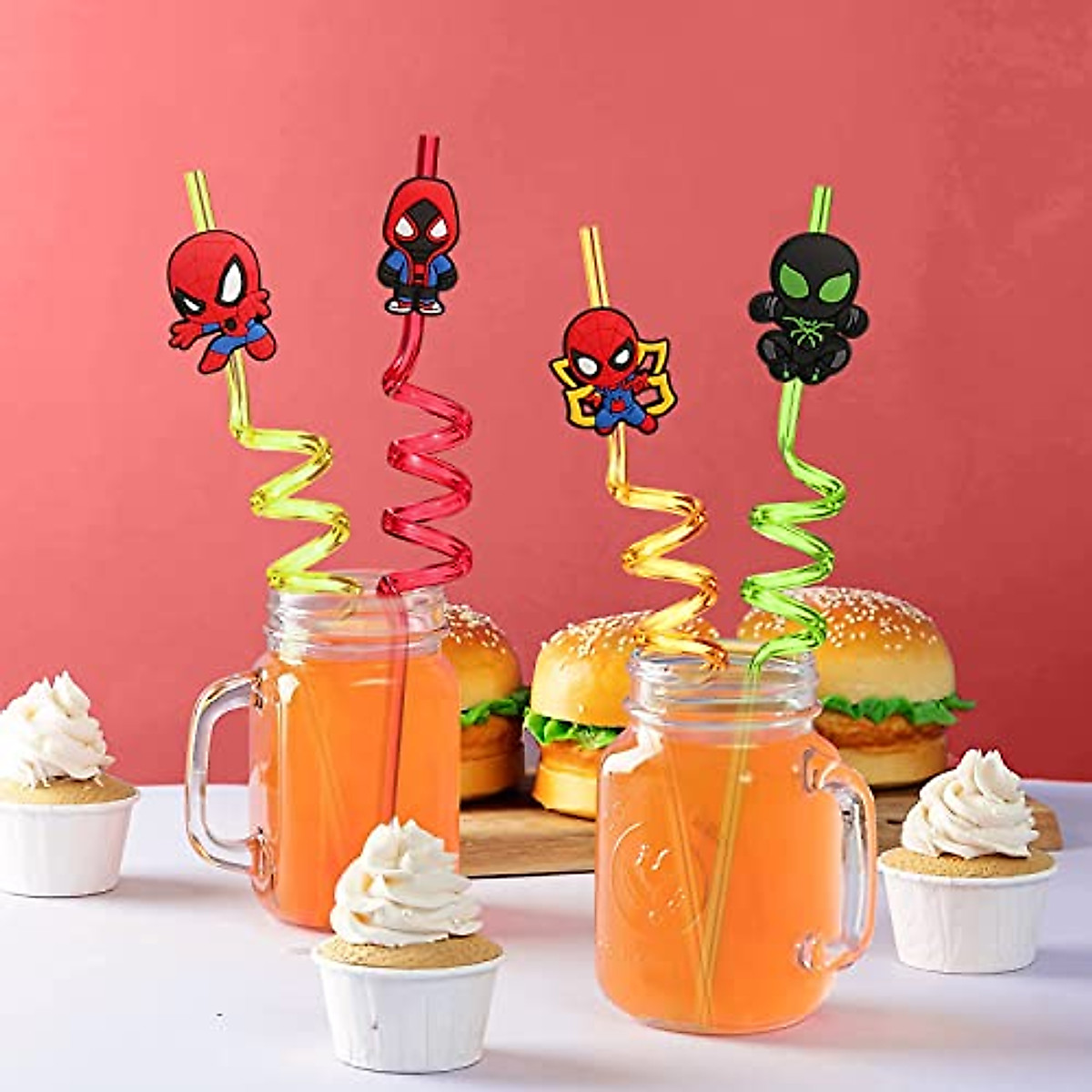 24 Spiderman Party Favors Reusable Spidey Drinking Straws 8 Designs Great for Spiderman Birthday Party Supplies with 2 Cleaning Brushes