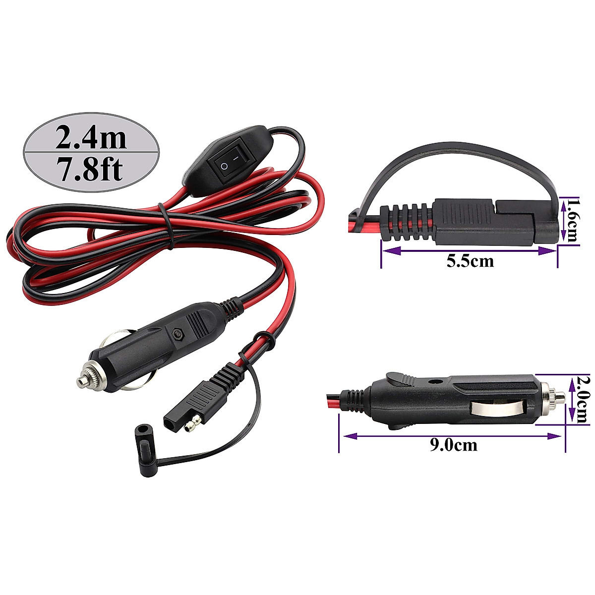 AAOTOKK Cigarette Lighter SAE Cable,16AWG 12V Cigarette Lighter Male Plug to SAE 2 Pin Quick Release Disconnect Connector Plug Adapter Extension Charging Cable with Fuse and Switch(2.4m/7.8ft-M)