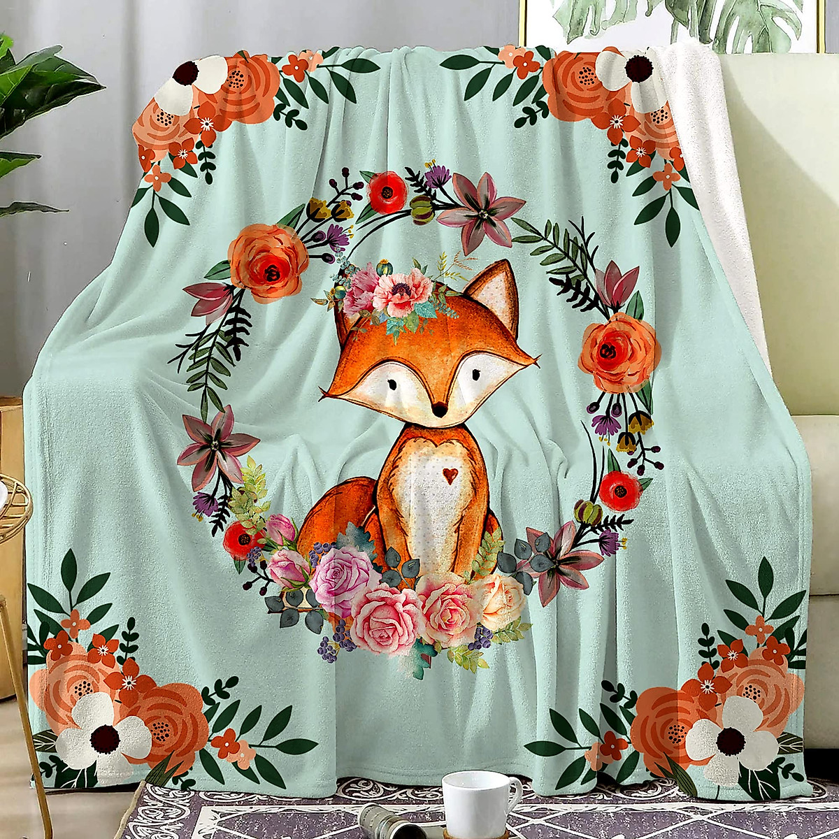 Fox Blanket Flower Fox Print Throw Blanket Super Soft Flannel Blankets Gifts for Kids Adults 60"x50"