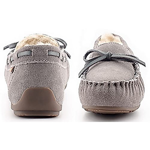 Parfeying Women's Sheepskin Moccasins Cow Suede Memory Foam Slippers Indoor Outdoor Shearling Winter Shoes,L20101 Grey 5US