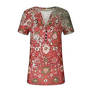 Henley Shirts for Women Summer Floral Print Tunic Womens Western Tops Short Sleeve Long Sleeve v Neck Shirts for Women Comfy Spring Blouses Boho