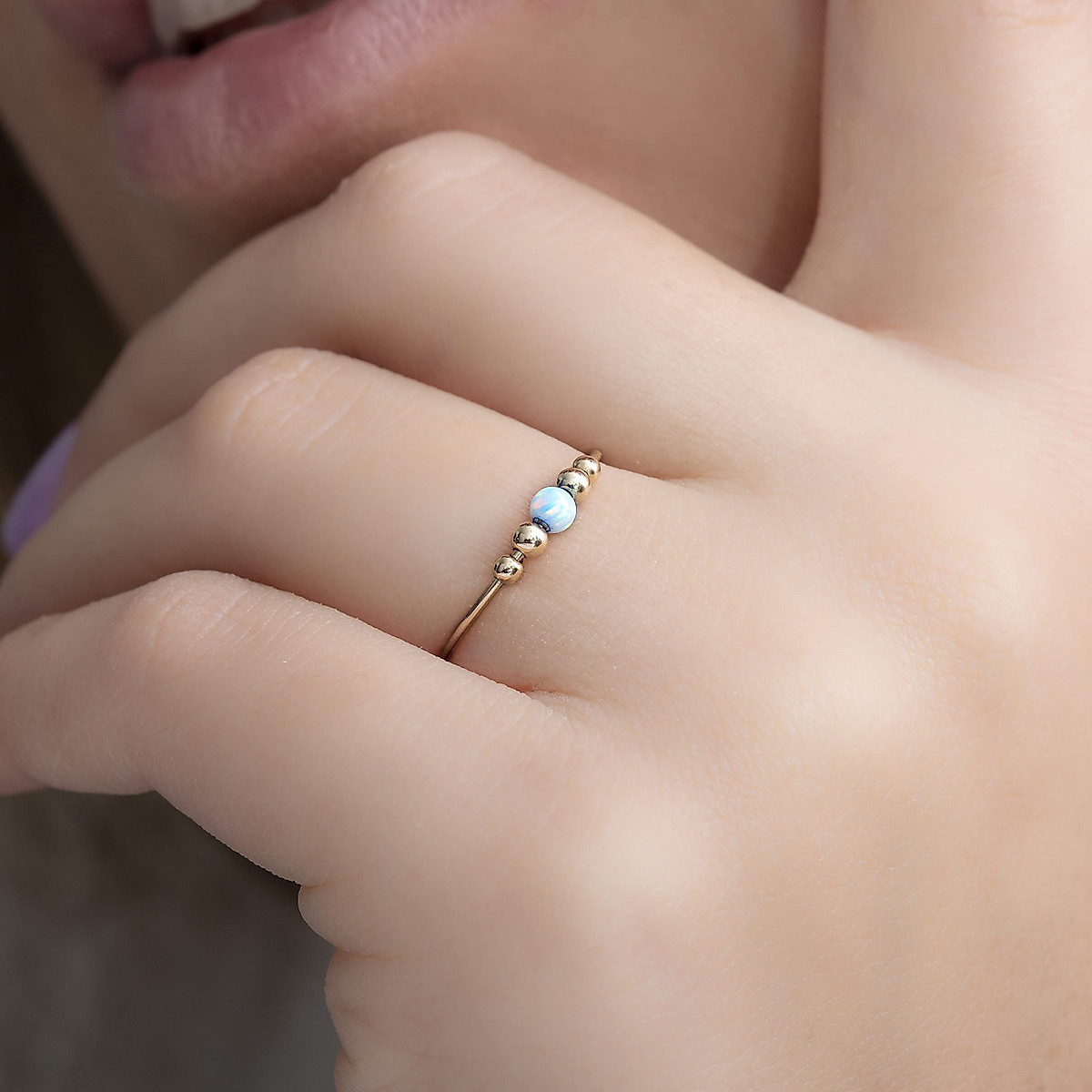 Gold-Filled Anxiety Fidget Ring With Blue Opal - One Size Anxiety Relief Ring With Beads - Fidget Spinner in 14K Gold - Meditation Fidget Ring - Unisex Ring Jewelry for Anxiety