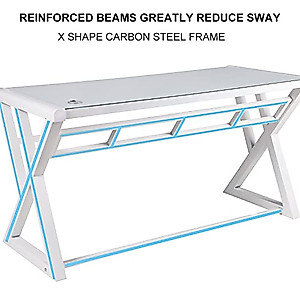 NA Glass Computer Desk with Metal Frame, Home Office Desks Computer Table Modern Simple Office Study Gaming Work Writing Desk Table for Home Office, White (X-Shape-55.1inch)