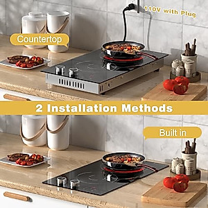 2 Bruner Electric Cooktop, Plug in Electric Cooktop 110v, 12 Inch Kitchen Electrics Stove Countertop & Built-In, Knob and Touch Control, 9 Power Levels, 2000w, Safety Lock, Pause, Timer, Karienvir