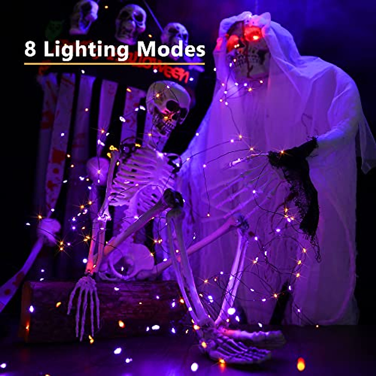 Brizled Orange & Purple Halloween Lights, 39.37ft 120 LED Orange Lights, Purple Solar Halloween Lights 8 Modes, Outdoor Twinkle Orange Halloween String Lights for Halloween Party DIY Decor, Black Wire