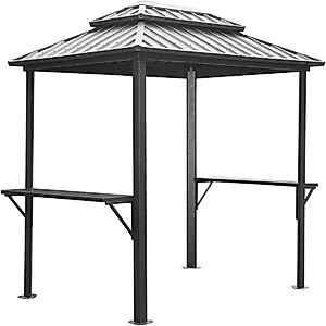 8'X6' Grill Gazebo Hardtop, Steel Grill Gazebo with Two Shelves Serving Tables, Permanent Double Roof Hard Top Gazebo, Heavy Duty Aluminum BBQ Gazebo for Patio, Deck, Backyard and Garden (Grey)