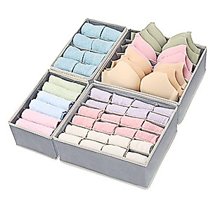 Felibeaco 4 Pack Foldable Underwear and Bras Drawer Organizers, Fabric Closet Dresser Drawers Organizers Dividers, Clothing Storage Organizers Box for Lingerie, Panties, Socks, Briefs,Ties, Gray