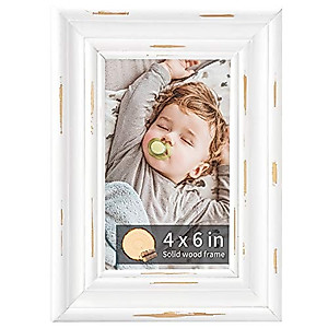 4x6 picture frames white wood wall decor with high definition glass- vintage picture frames rustic table top decor wood wall art with frame distressed wood magazine frame display (WHITE, 4x6")
