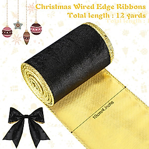 WILLBOND 2 Rolls Christmas Red Velvet Ribbon Wired Edge Trim Wrapping Fabric Christmas Ribbon for Gift Wrapping Bow Wedding Decoration Craft(4 Inch x 6 Yards,Black)
