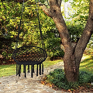 HBlife Hammock Chair, Hanging Swing with Macrame, Max 330 Lbs, Black Hanging Cotton Rope Chair for Indoor, Outdoor, Bedroom, Patio, Yard, Deck, Garden and Porch, for Child