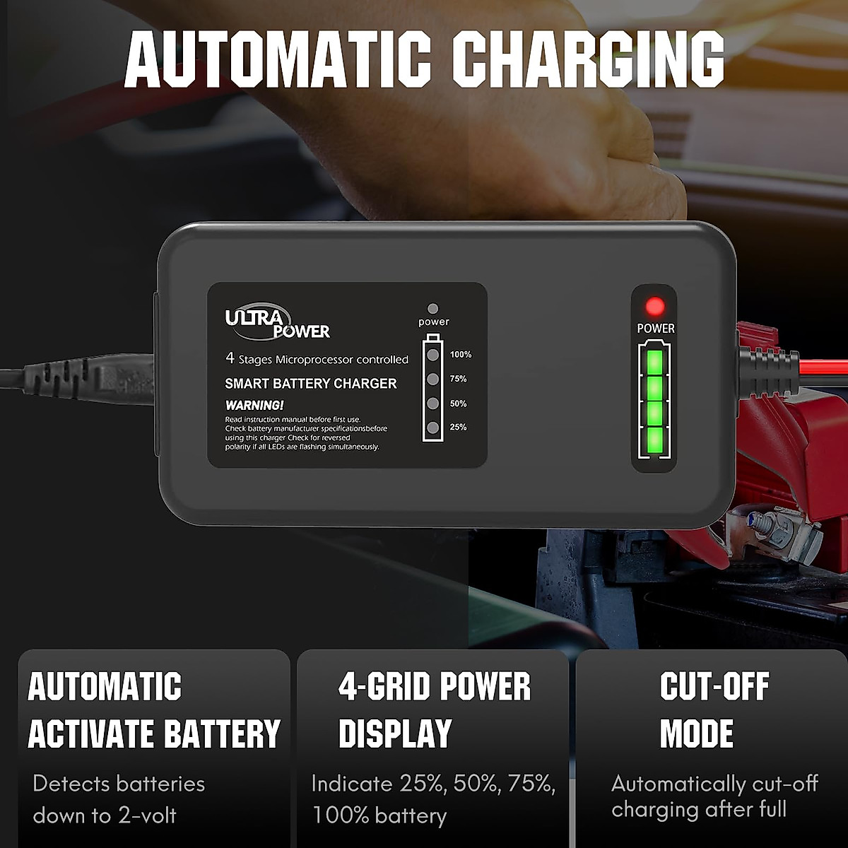 ULTRAPOWER 4-Amp 14.6 Volt LiFePO4 Battery Charger,12.8 Volt LiPO Lithium Battery Charger,Smart Battery Charger Maintainer for Cars,Motocycles,Golf Carts,UAV,Fishing Boat and Deep Cycle Batteries.